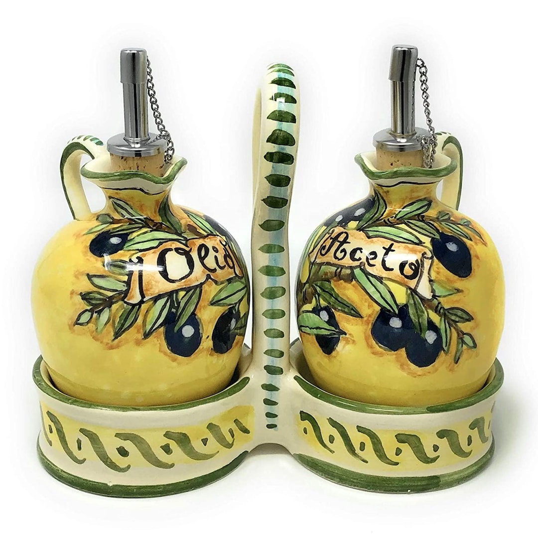 Italian Ceramic Set Cruet Oil Vinegar Dispenser Art Pottery Hand ...