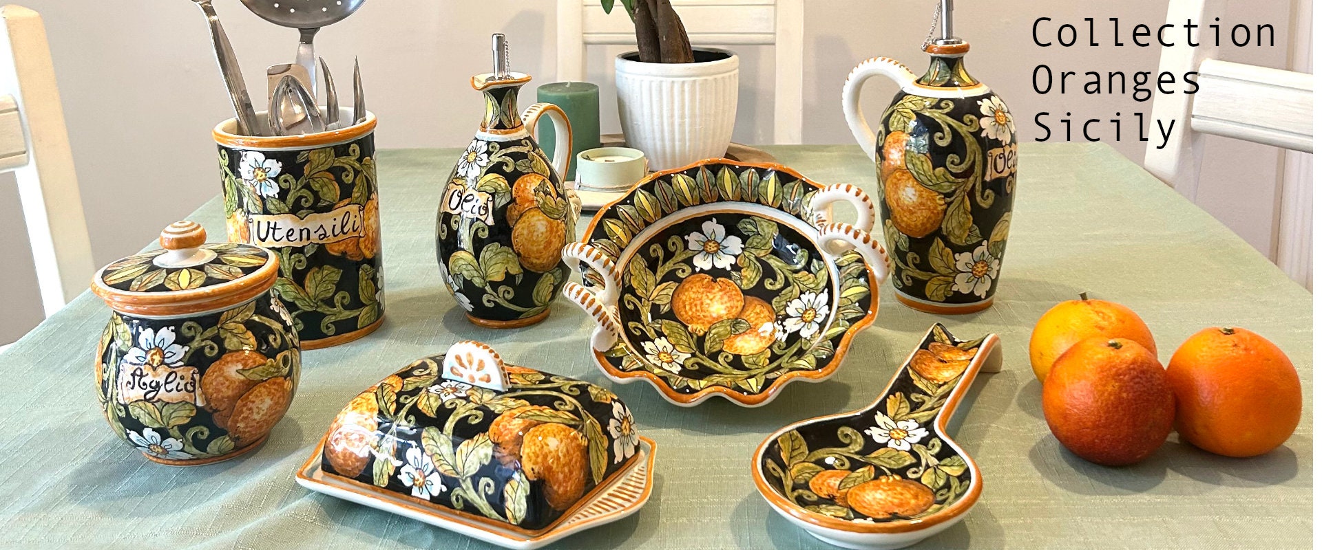 Italian Ceramic Utensil Holder Vessel Hand Painted Decorated Oranges ...