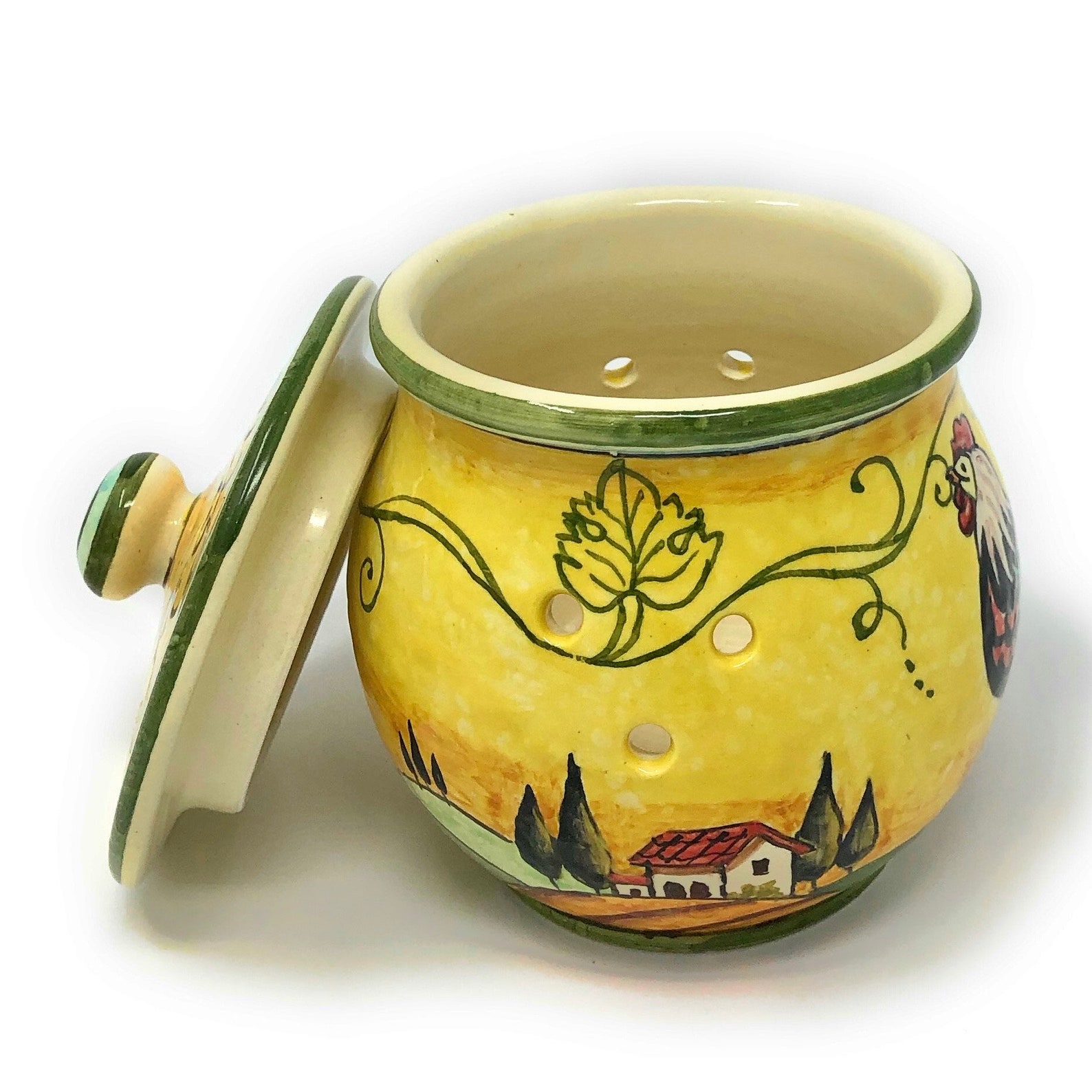 Italian Ceramic Brings Garlic Jar Holder Hand Painted Decorated Rooster ...