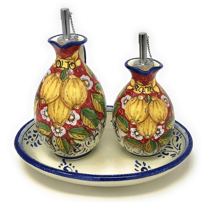 Italian Ceramic Set Dispenser Cruet Ampoules Oil and Vinegar Art ...