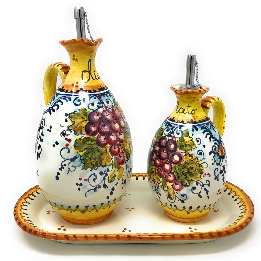 Italian Ceramic Set Cruet Oil and Vinegar Art Pottery Hand Painted Made ...