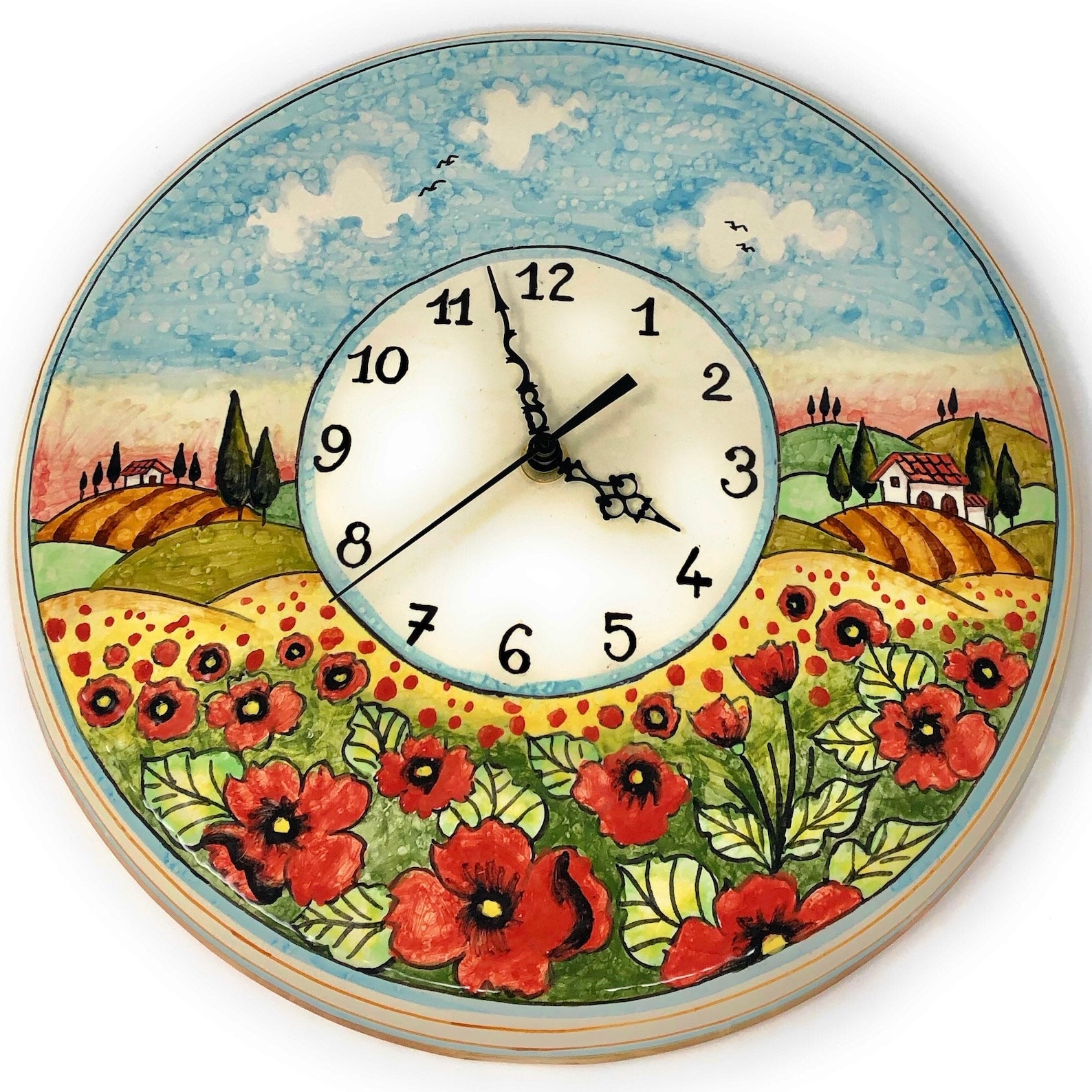 Italian Ceramic Wall Clock Decorated Landscape Poppies Hand Painted ...