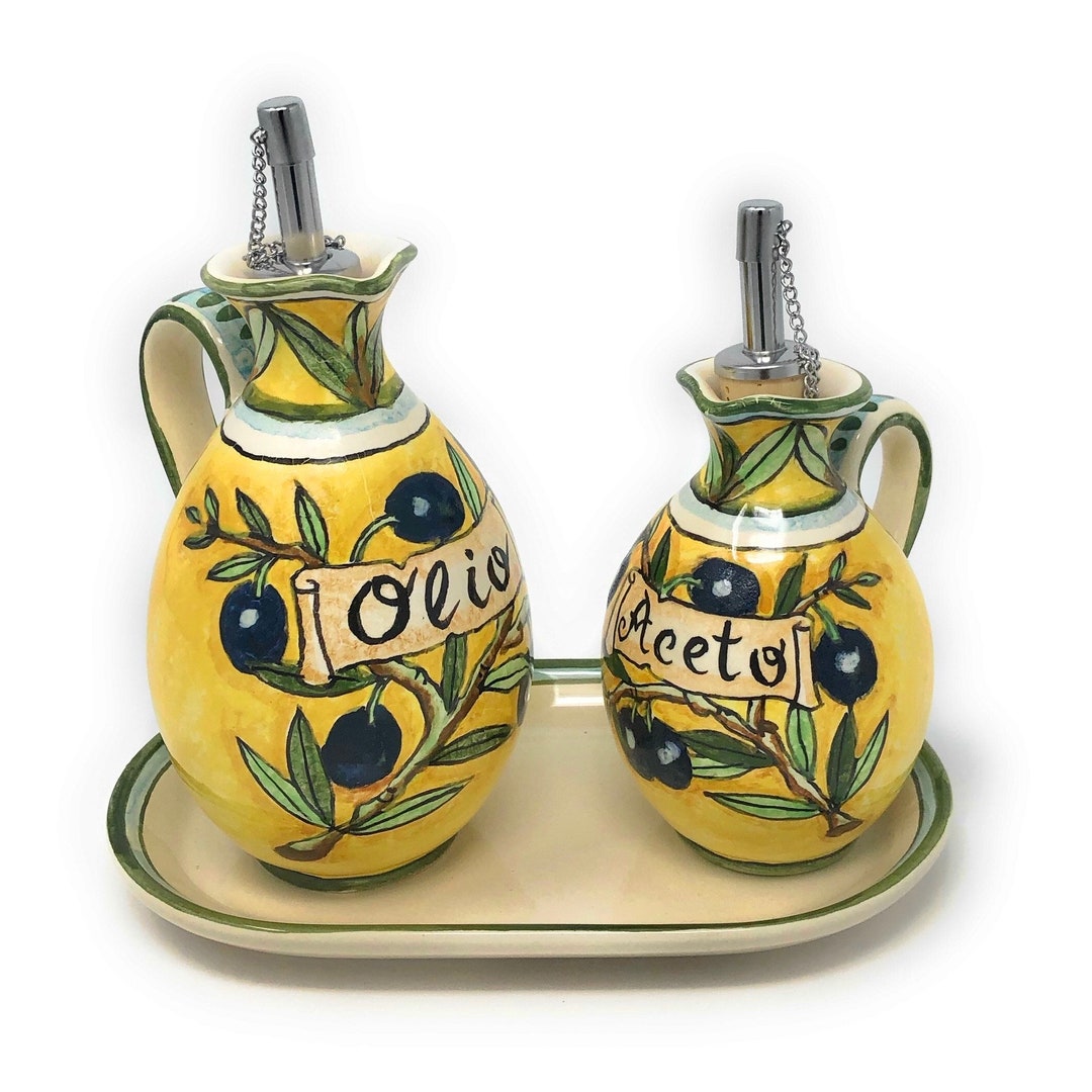 Italian Ceramic Set Cruet Oil and Vinegar + Small Tray Art Pottery Hand ...