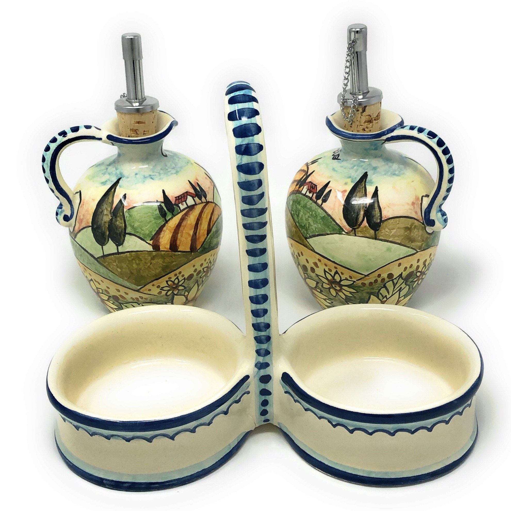 Italian Ceramic Set Cruet Oil Vinegar Dispenser Art Pottery Hand ...