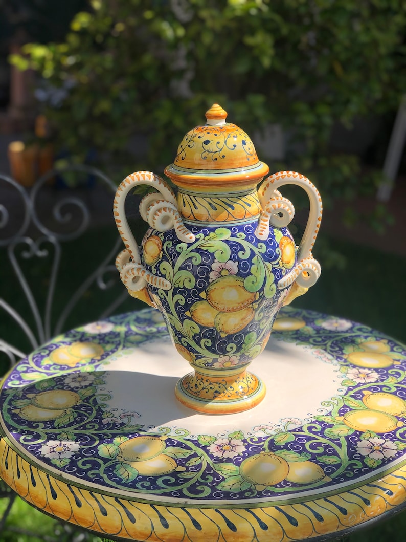 Italian Ceramic Amphora Art Pottery Hand Painted Pattern Lemons Made in ...