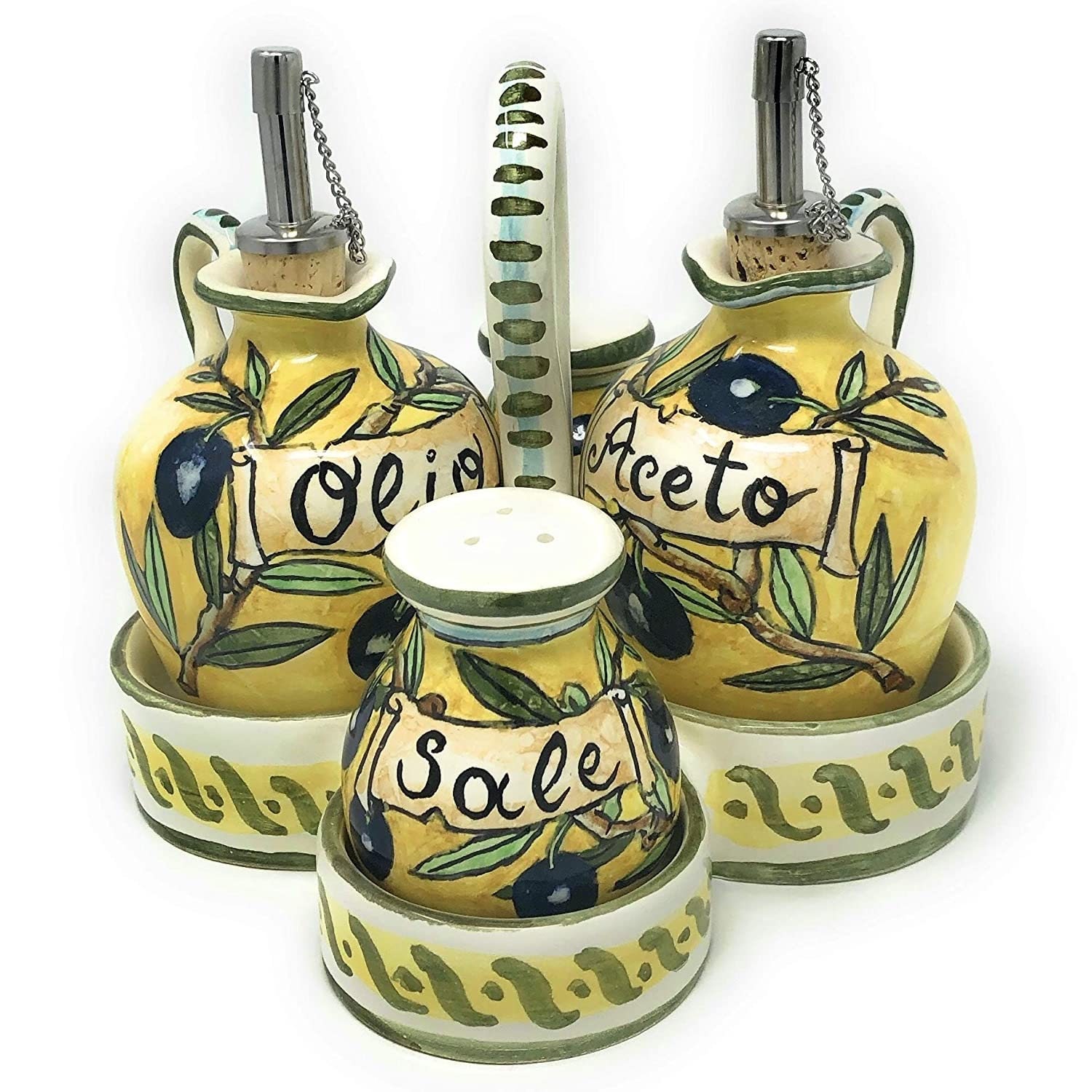 Italian Ceramic Art Pottery Set Dispenser Cruet Oil - Vinegar - Salt ...