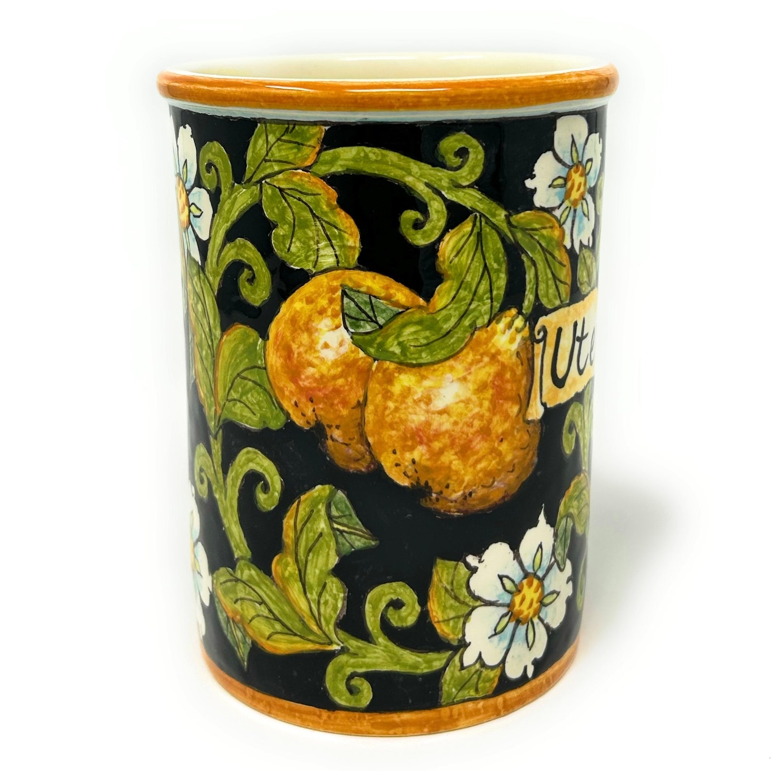 Italian Ceramic Utensil Holder Vessel Hand Painted Decorated Oranges ...