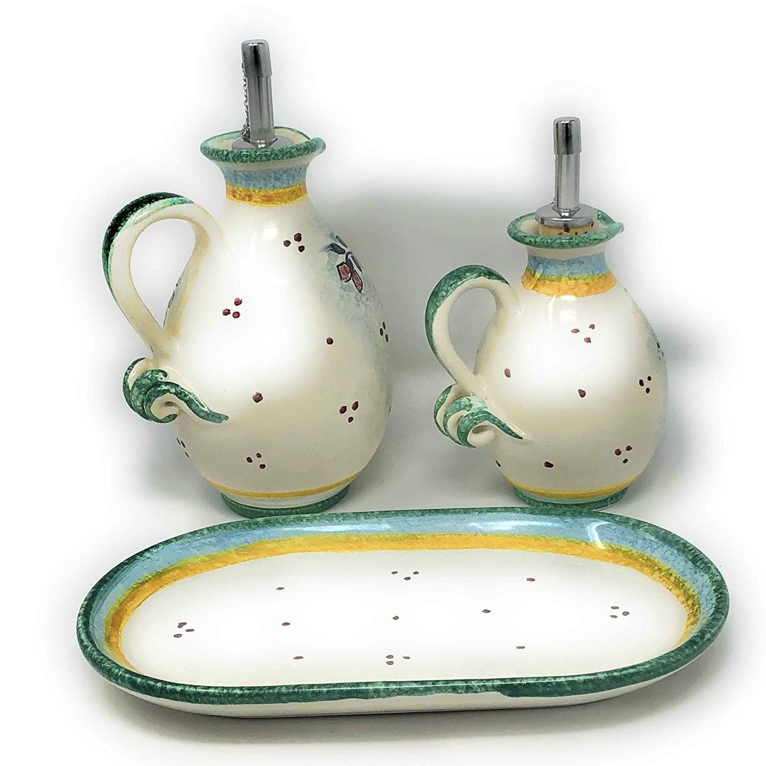 Italian Ceramic Set Cruet Dispenser Oil and Vinegar + Small Tray Art ...