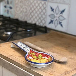 Italian Ceramic Spoon Rest Holder Decorated Lemons Pottery Art Hand ...