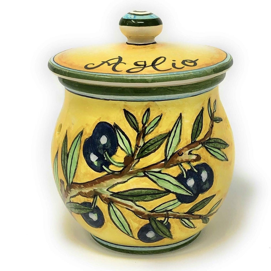 Italian Ceramic Brings Garlic Jar Holder Hand Painted Pattern Olives ...