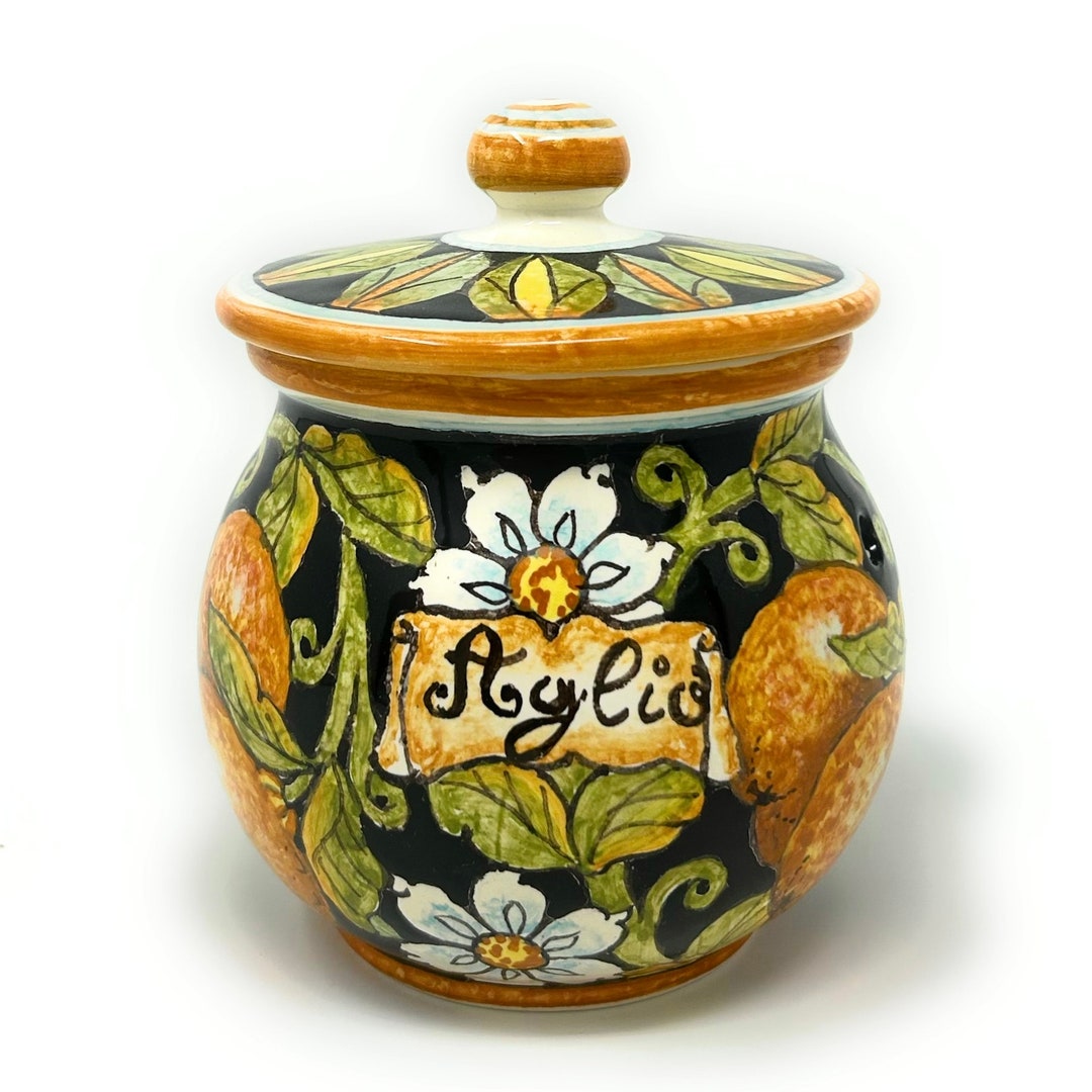 Italian Ceramic Brings Garlic Jar Holder Hand Painted Decoration ...