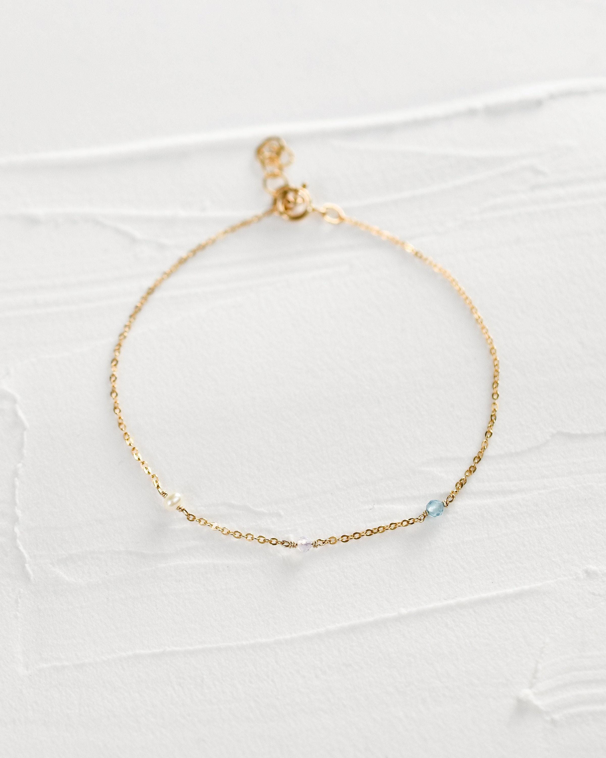 Dainty Multi Birthstone Bracelet: Beaded Gemstone 14k Gold, Sterling ...