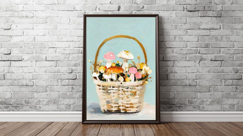 Vintage Mushroom Basket Oil Painting Print | Retro Wild Shroom Wall ...
