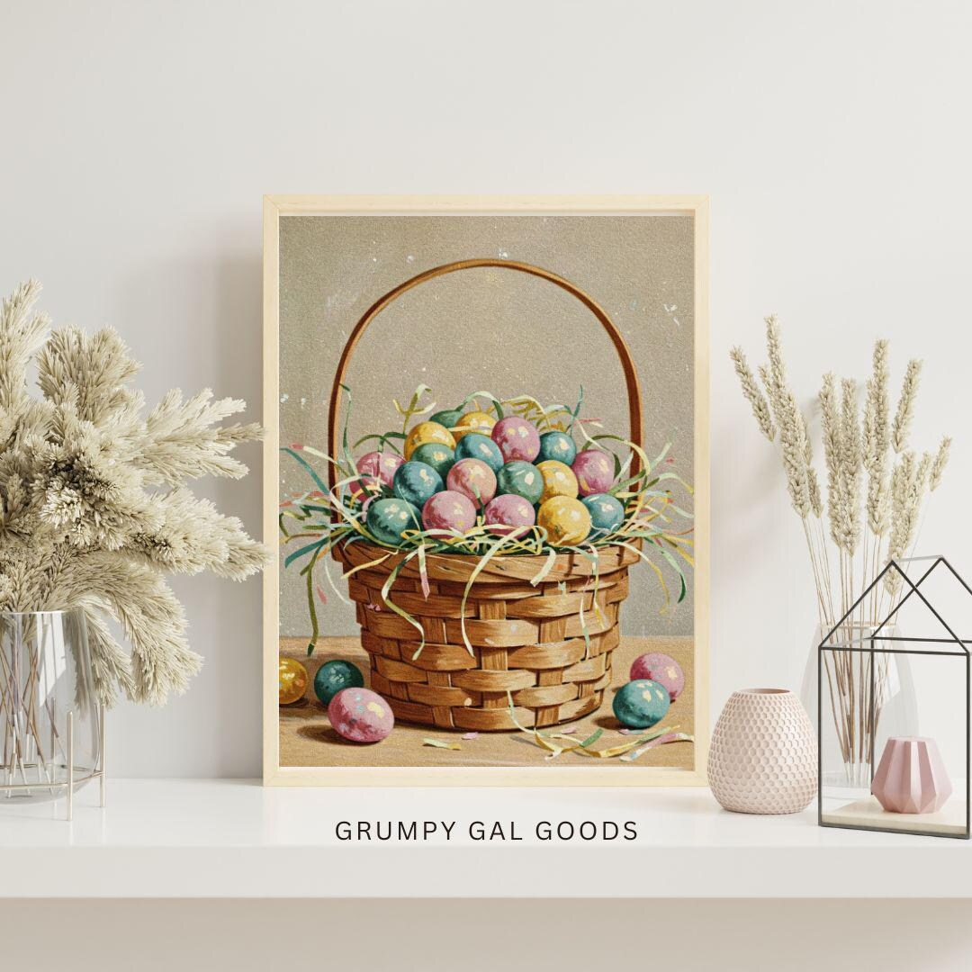 Vintage Easter Basket Art Print, Digital Easter Wall Art, Mid Century ...