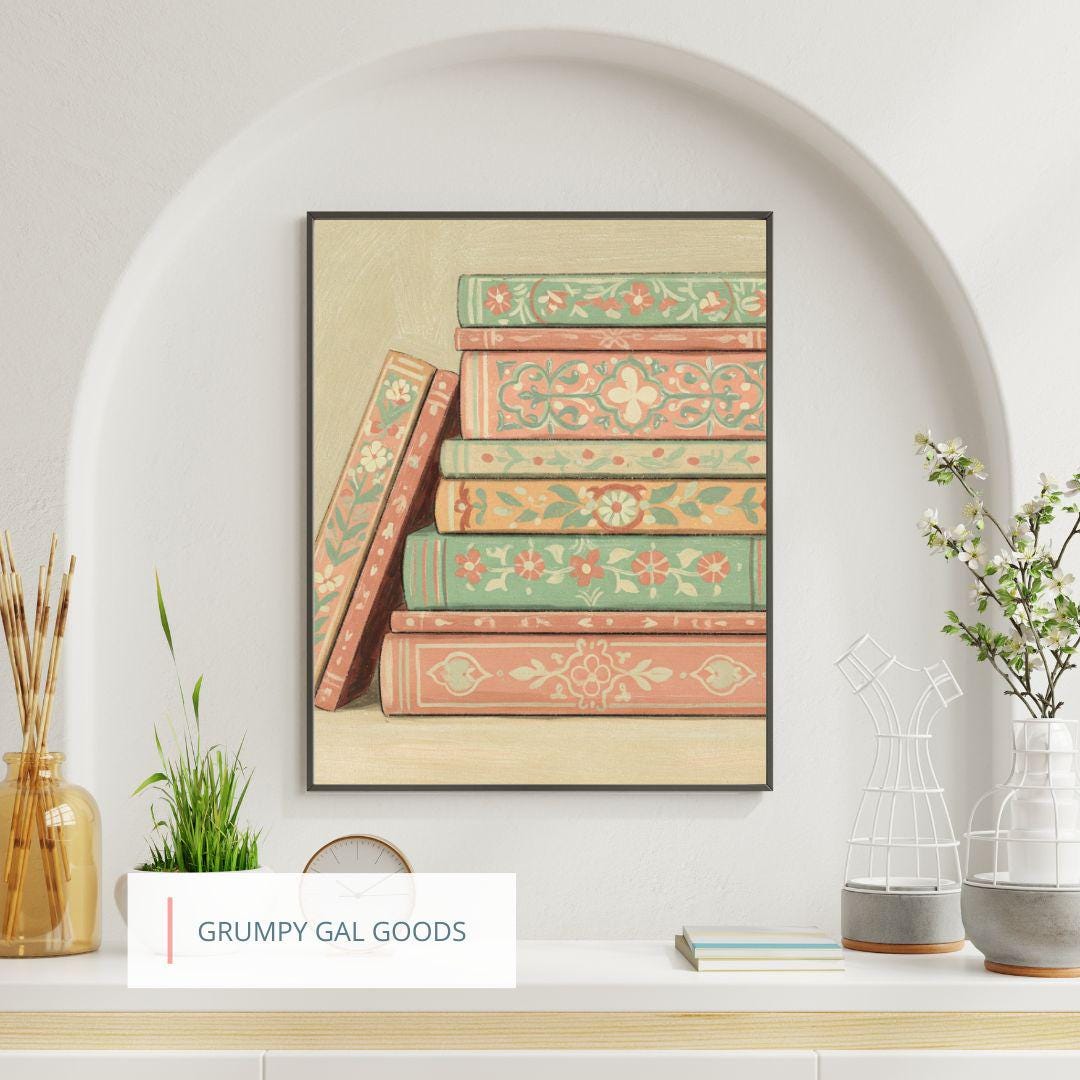 Mid Century Book Stack Art Print, Vintage Book Stack Print, Book Stack ...