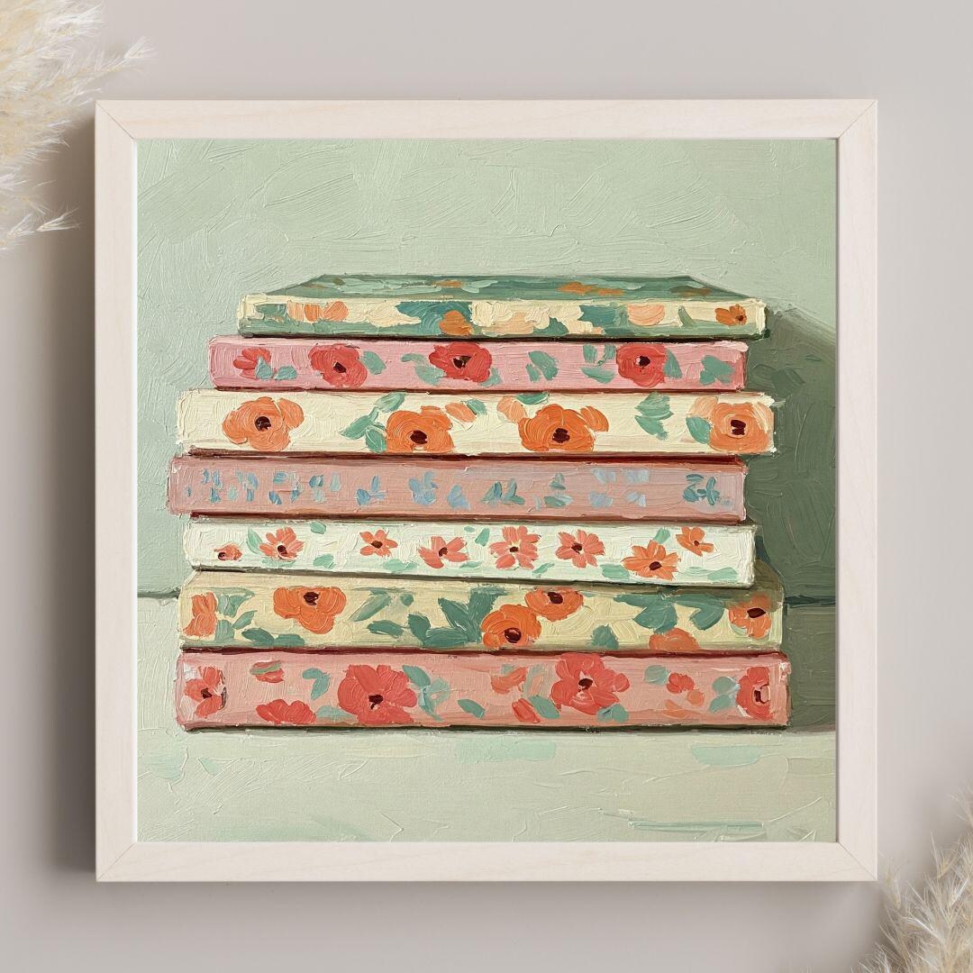 Floral Book Stack Print, Literary Wall Art, Downloadable Art ...