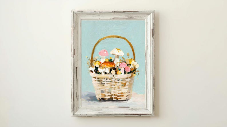 Vintage Mushroom Basket Oil Painting Print | Retro Wild Shroom Wall ...