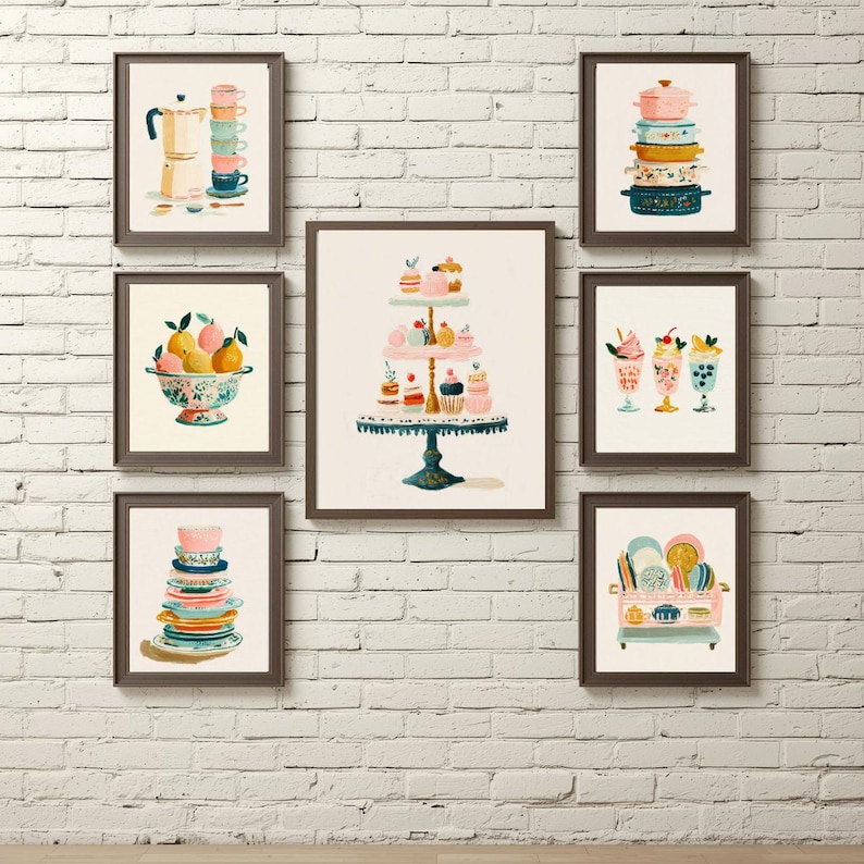 Vintage Kitchen Gallery Wall Art Set of 7, Pastel Bakery Tea Party ...