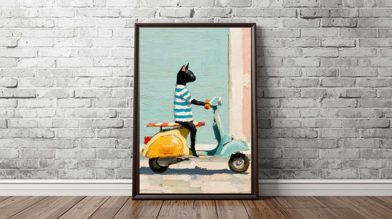 Impasto Black Cat Vespa Painting | Textured Scooter Feline Wall Art ...