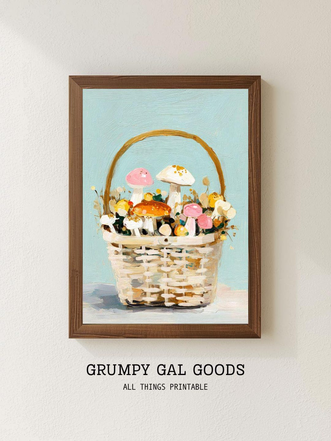 Vintage Mushroom Basket Oil Painting Print | Retro Wild Shroom Wall ...
