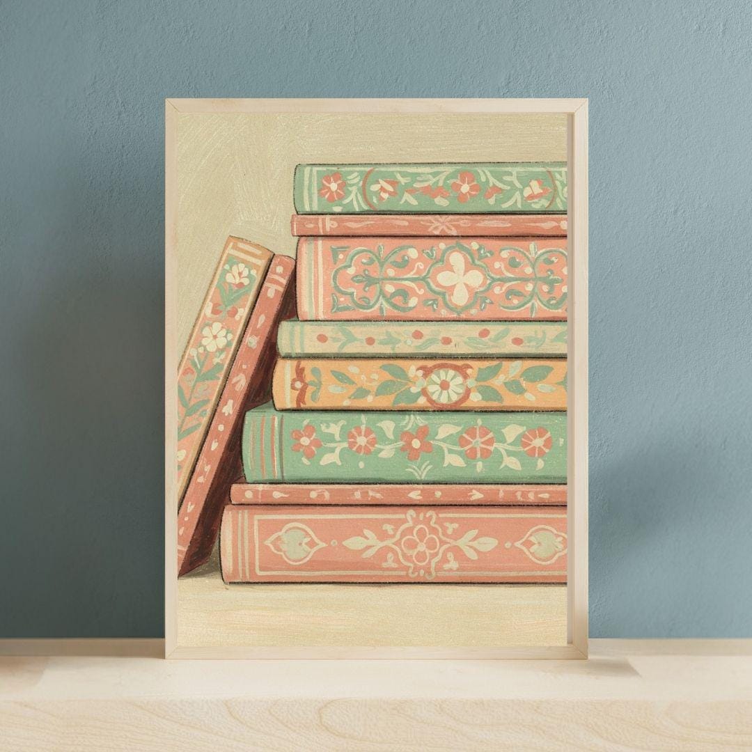 Book Stack Art Print, Downloadable Art, Book Nook, Vintage Print, Book ...
