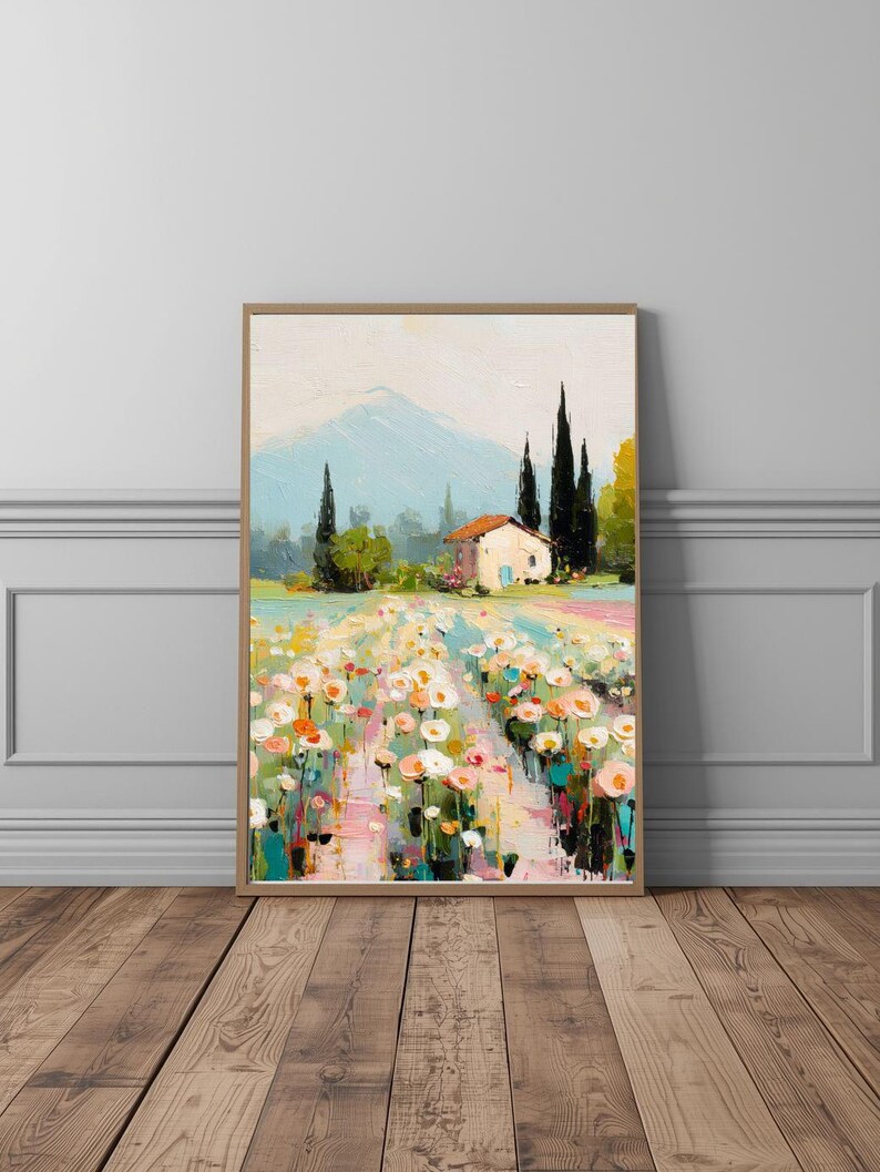 Impasto Tuscan Landscape Painting | Textured Cypress Trees & Flowers ...