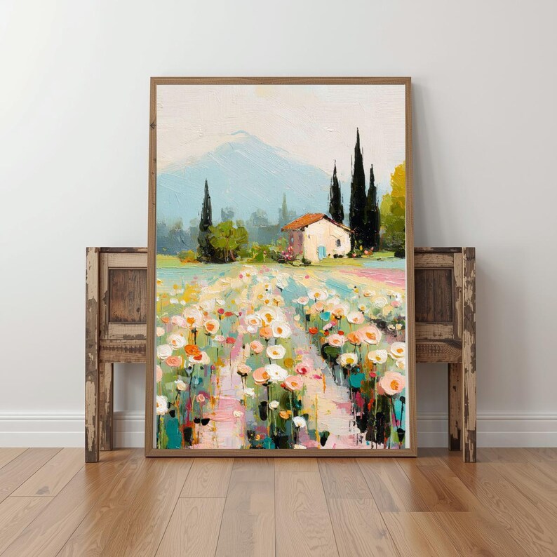 Impasto Tuscan Landscape Painting | Textured Cypress Trees & Flowers ...