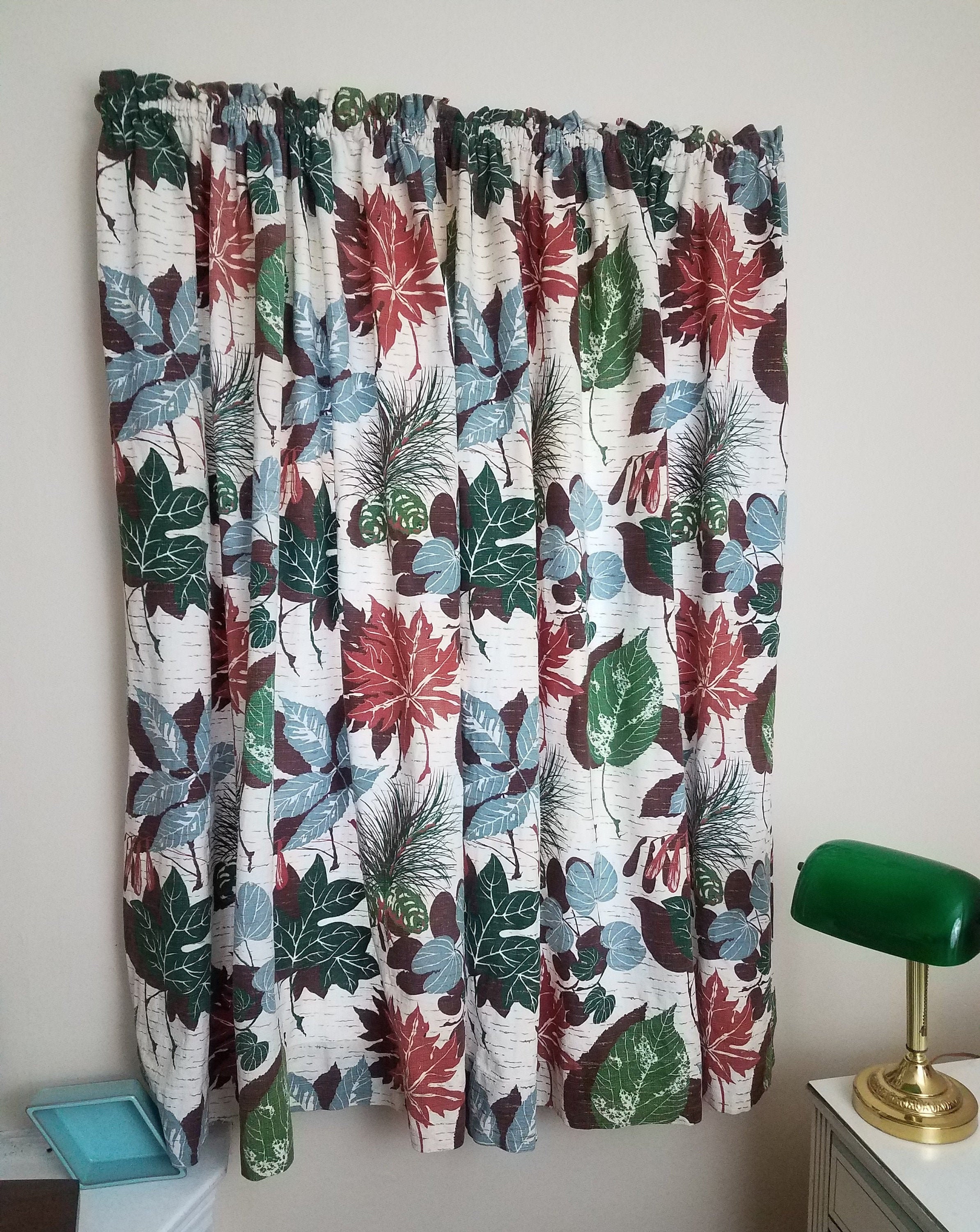 Vintage 1950's Barkcloth Curtains / 60s Novelty Leaf Print Drapes/ 6 ...