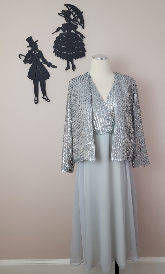 Vintage 1970's Sequin Dress and Jacket / 70s Silver C… - Gem