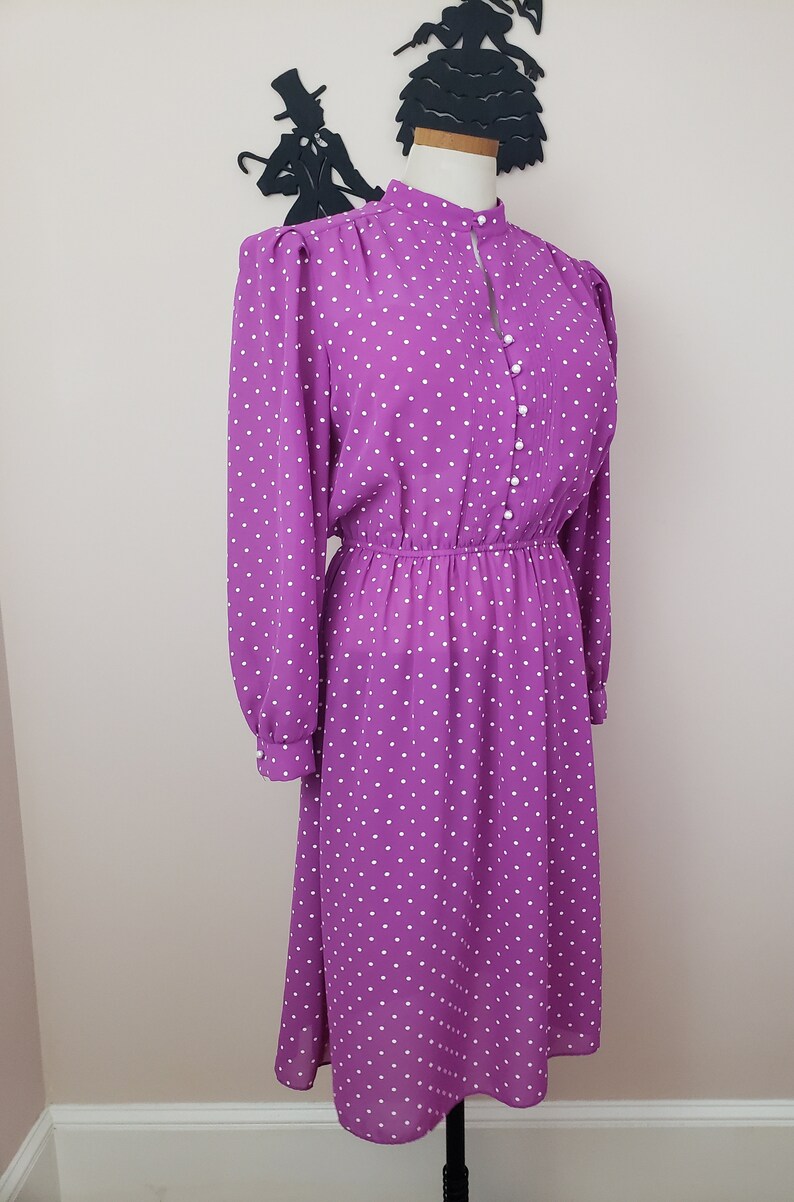 Vintage 1980's Purple Polka Dot Dress / 80s Poly Day Dress L - Etsy