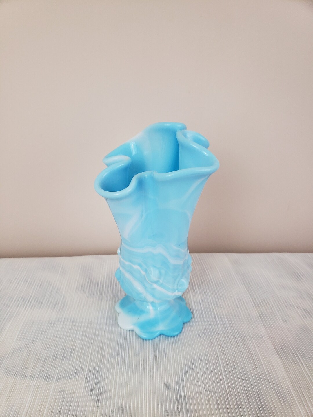 Vintage Fenton Blue Marble Vase /cabbage Rose Handkerchief Akro Agate ...