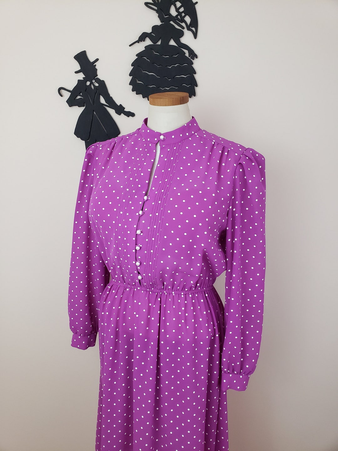 Vintage 1980's Purple Polka Dot Dress / 80s Poly Day Dress L - Etsy
