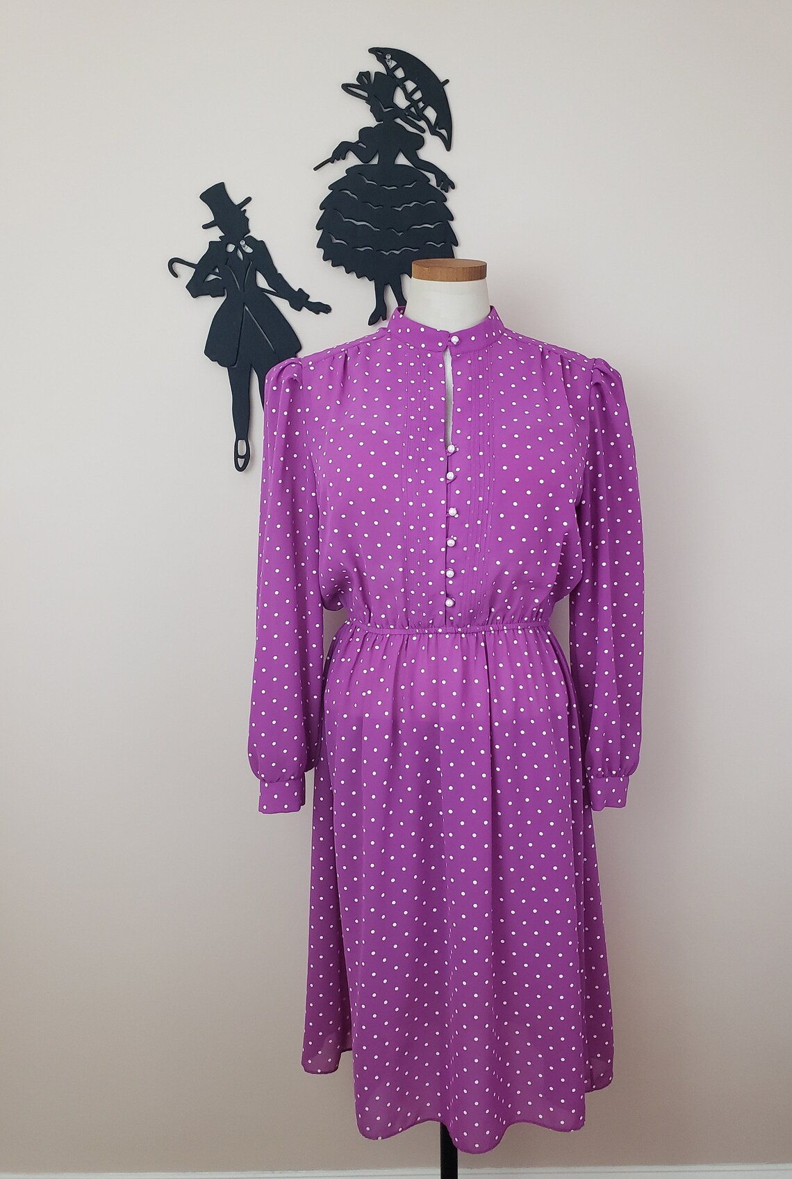 Vintage 1980's Purple Polka Dot Dress / 80s Poly Day Dress L - Etsy
