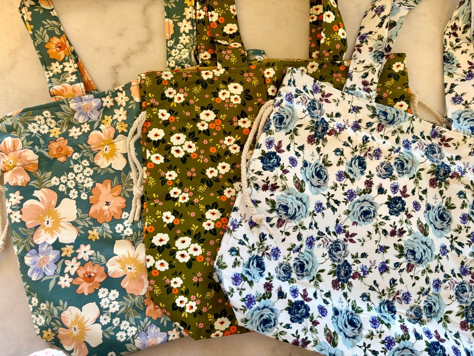 Green Floral Bucket Bag Handmade Drawstring Bag Floral Purse Floral ...