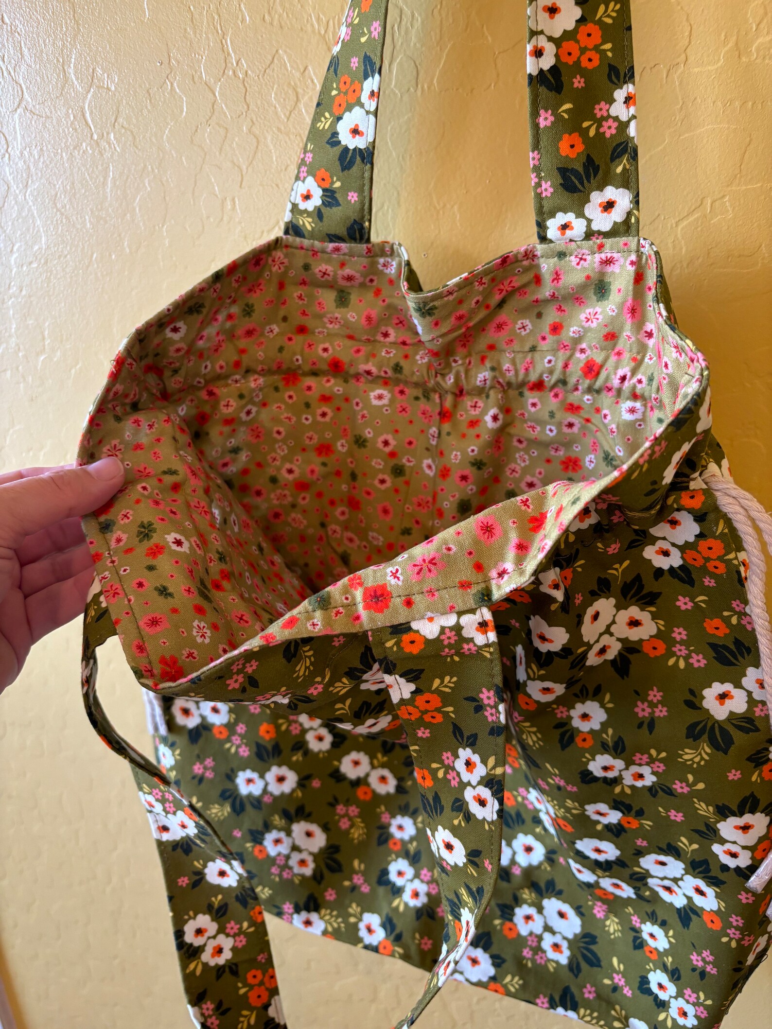 Green Floral Bucket Bag Handmade Drawstring Bag Floral Purse Floral ...