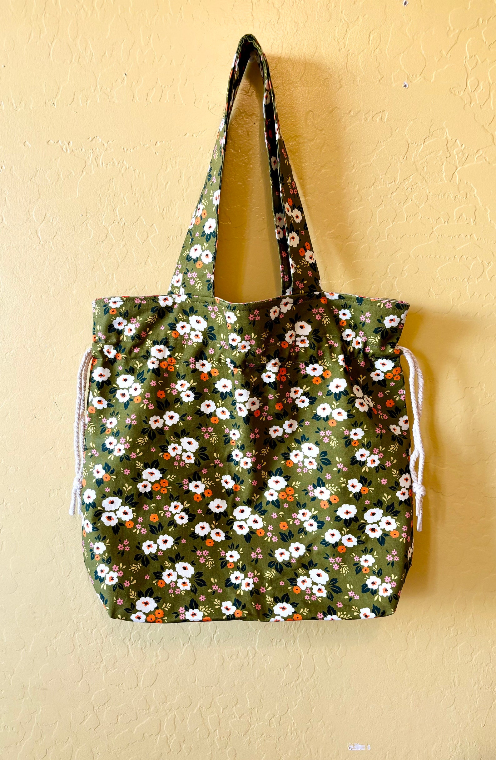 Green Floral Bucket Bag Handmade Drawstring Bag Floral Purse Floral ...