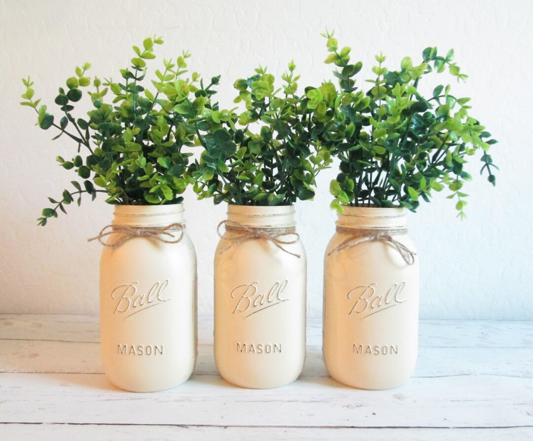 Mason Jars With Greenery Set of 3 Painted Mason Jars With Boxwood Mason ...