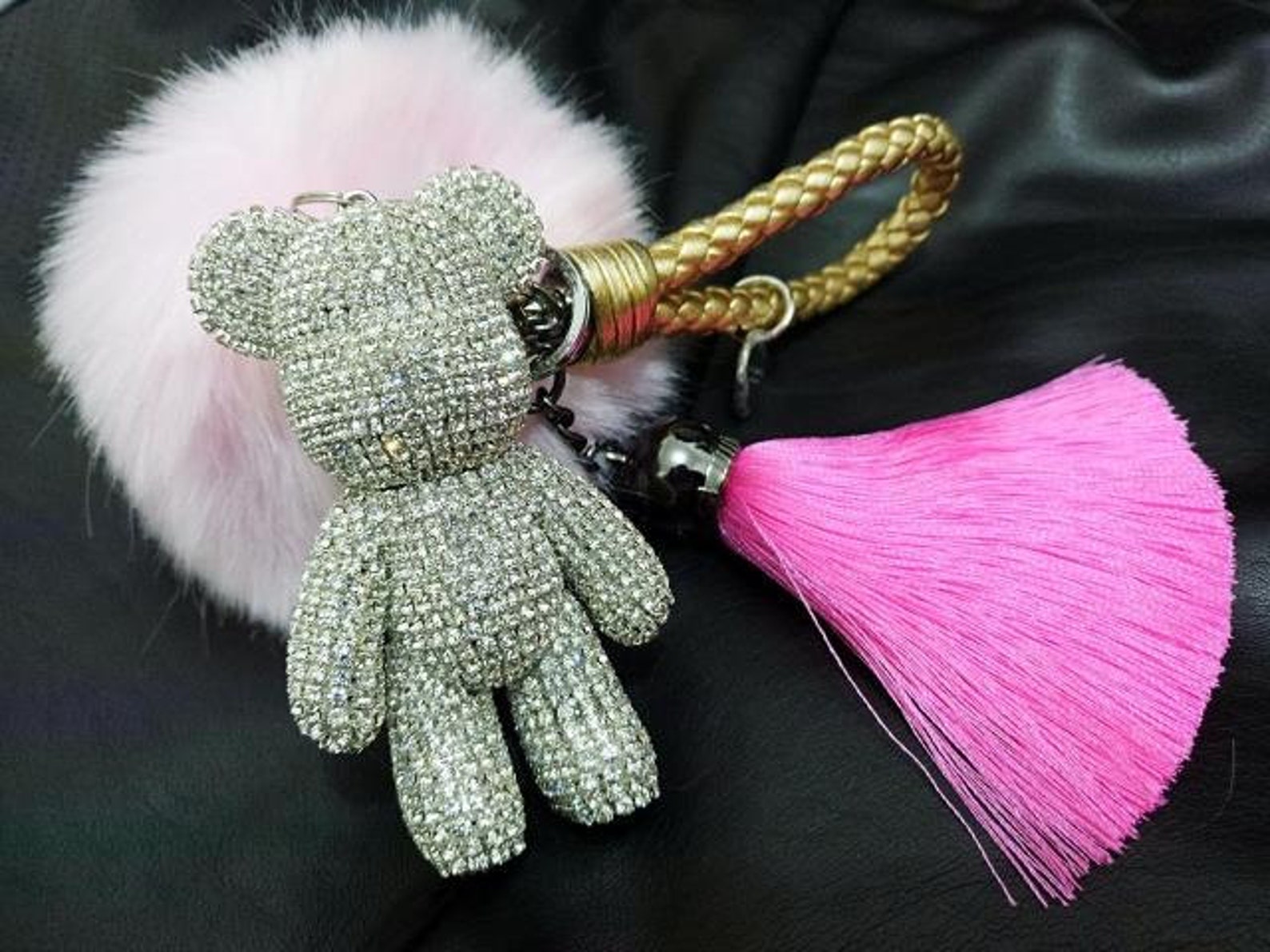 Sliver Rhinestone Teddy Bear Keychain Real Braided Rope Cute Tote Purse ...