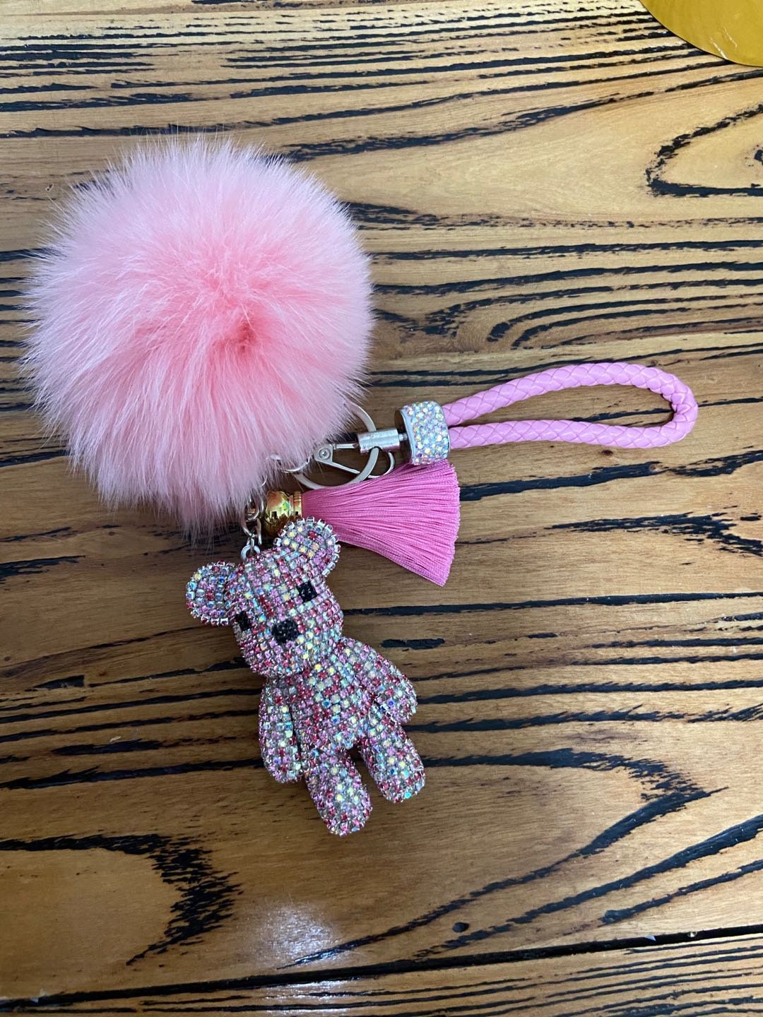 Pink Crystal Bear Key Chains Nice Pink Puffs Ball Tassel Leather Rope ...