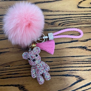 Pink Crystal Bear Key Chains Nice Pink Puffs Ball Tassel Leather Rope ...