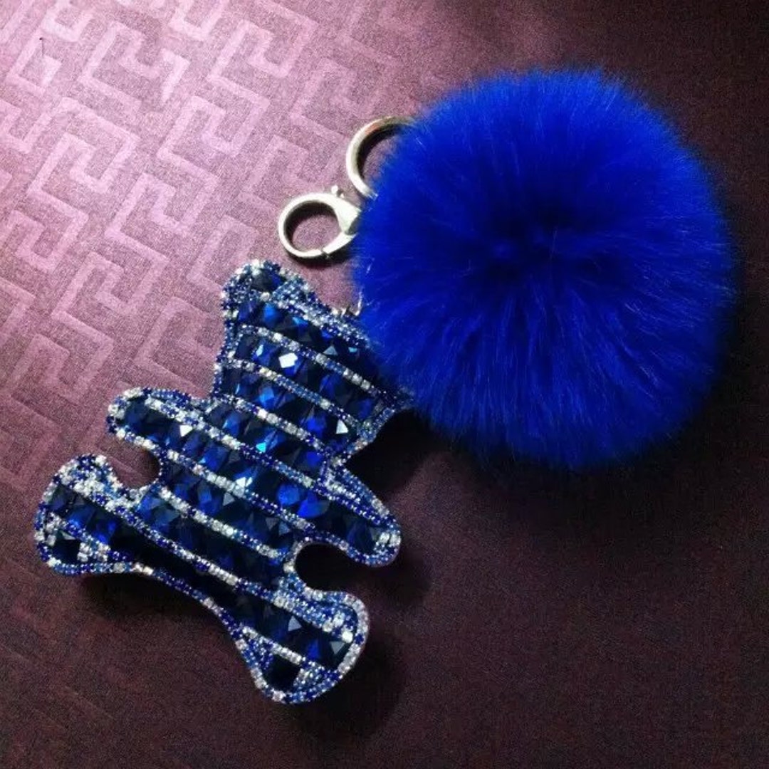 Royal Blue Crystal Bear Charms Attach Blue Fur Ball, Pompom Keychain ...
