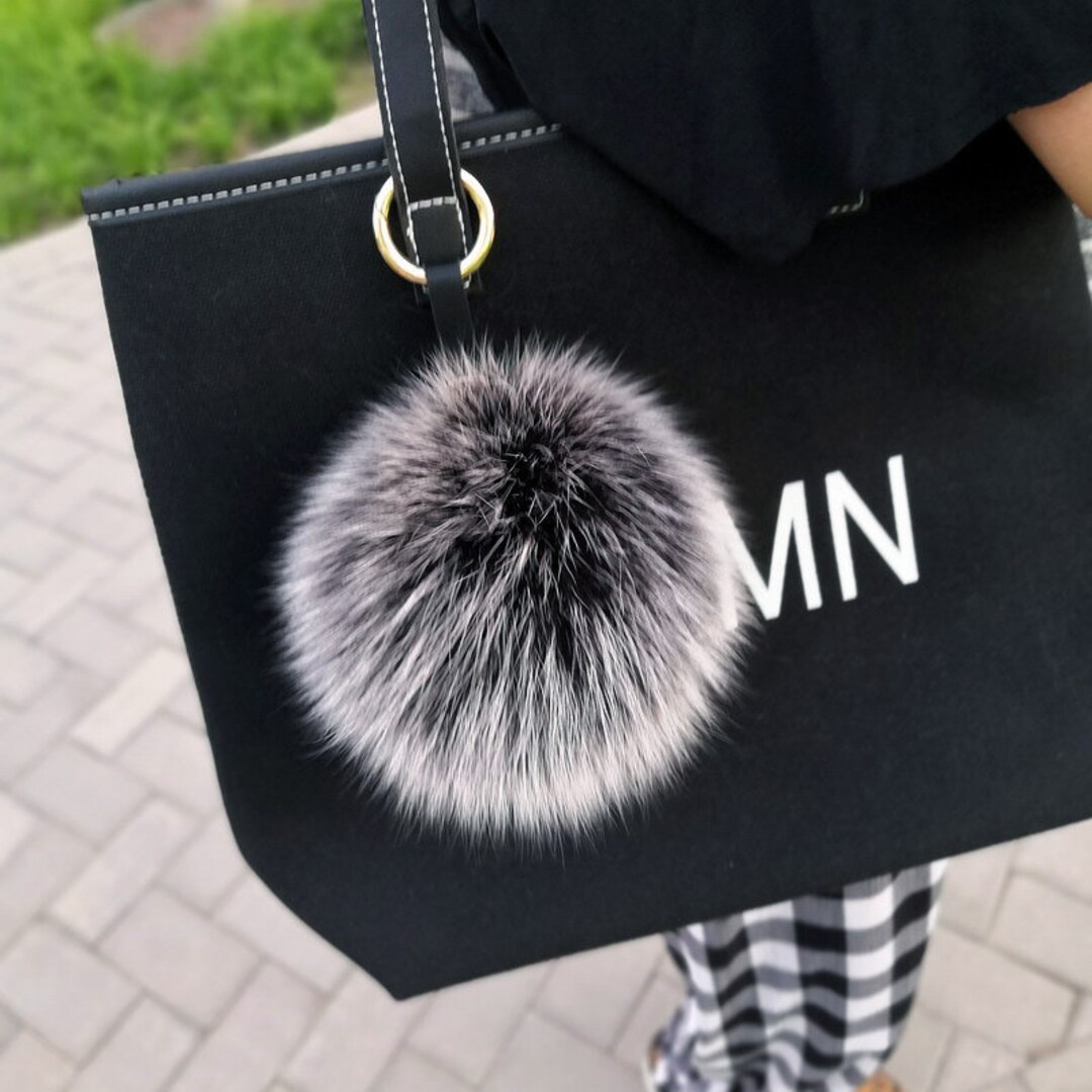 Chic Cute Keychain Frost Black White Tips Poms Keychains Purse Charm ...