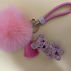 Pink Crystal Bear Key Chains Nice Pink Puffs Ball Tassel Leather Rope ...