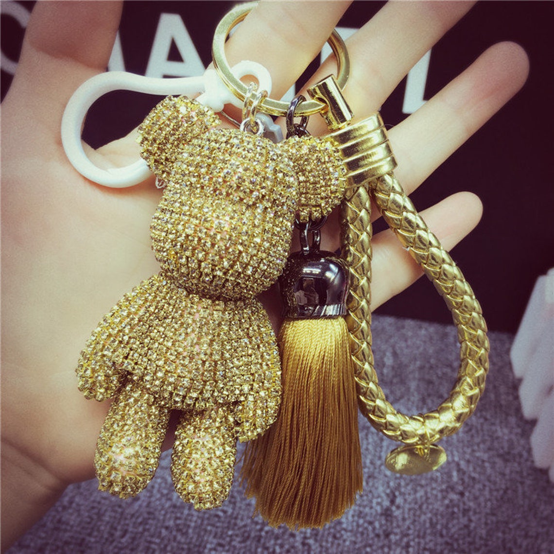 Deep Purple Rhinestone Teddy Bear Keychains Black Tassel Leather ...