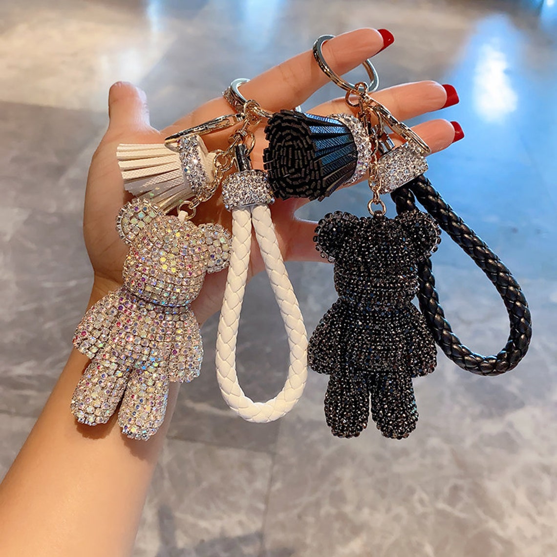 AB Crystal Bear Key Chains Cute Keyrings Tassel Rope Braided - Etsy