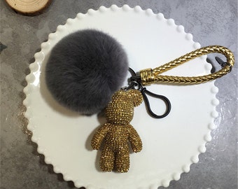 Crystal Bear Keychain Tassel Keyrings Silver Leather Rope