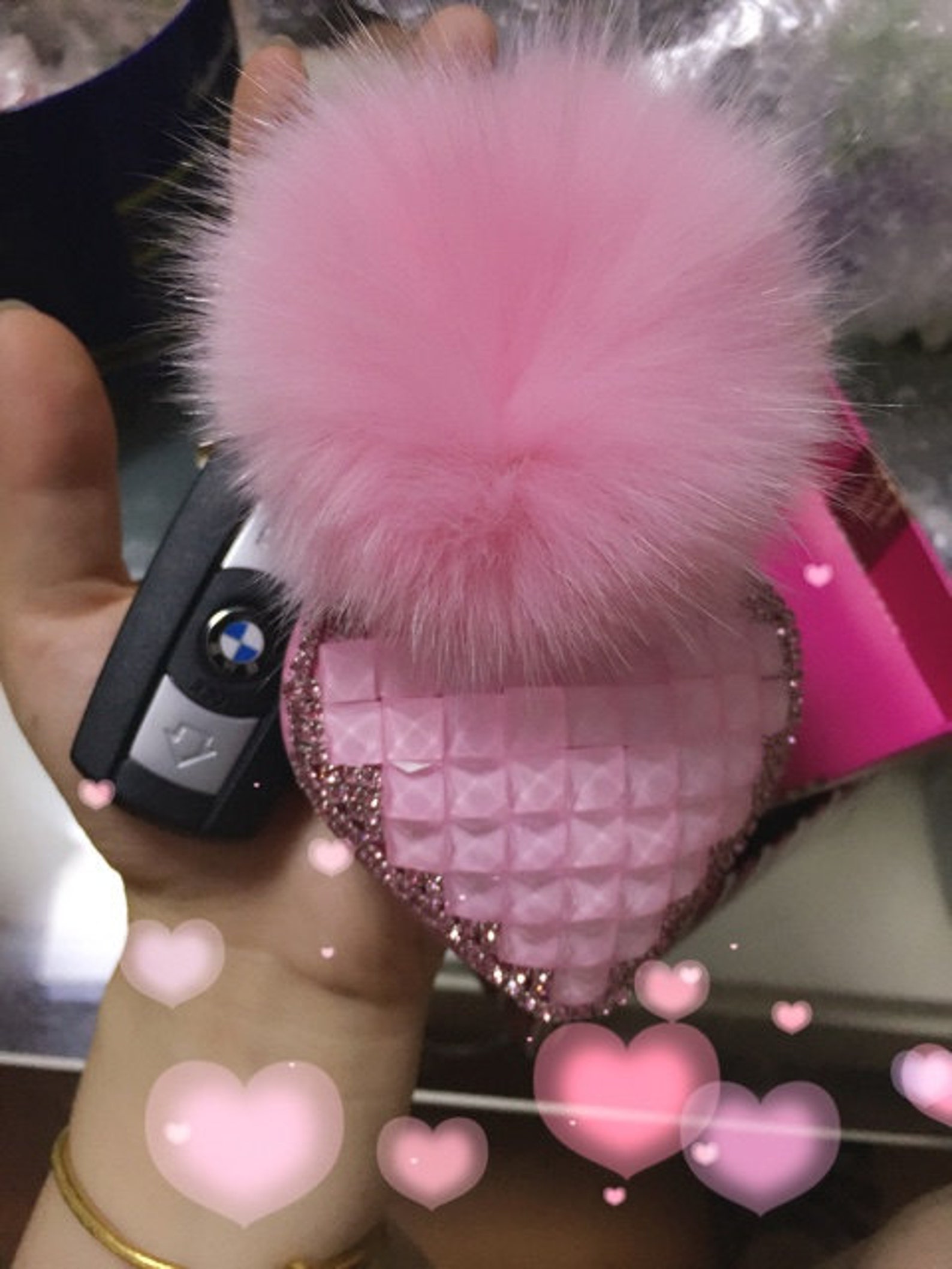 Pink Cute Women Bag Charms Pink Diamonds Heart Charms Attach Pink Fur ...