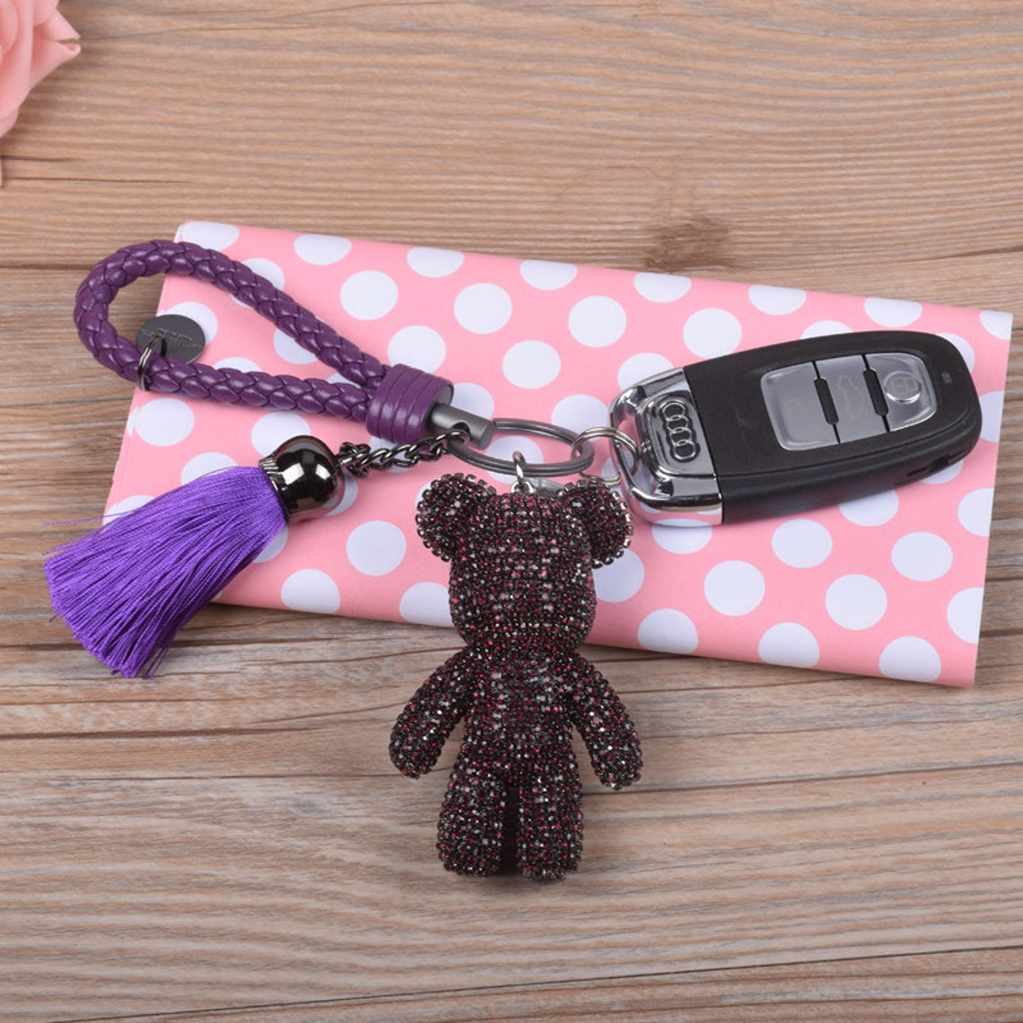 Sparkley Rhinestone Bear Keychains Tassel Rope Braided Leather - Etsy UK