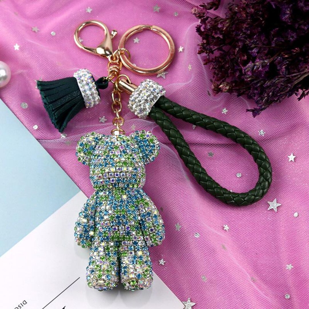 Green Crystal Bear Key Chains Cute Keyring Tassel Rope Braided Leather ...