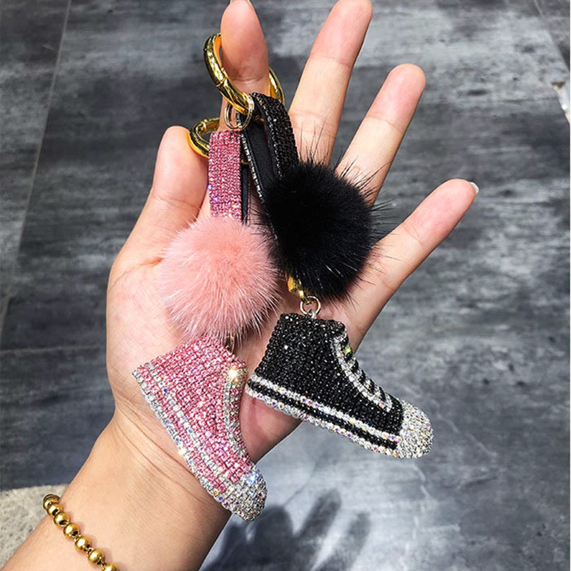 Cute keychain rhinestone bling shoes charm with real fur puffs | Etsy